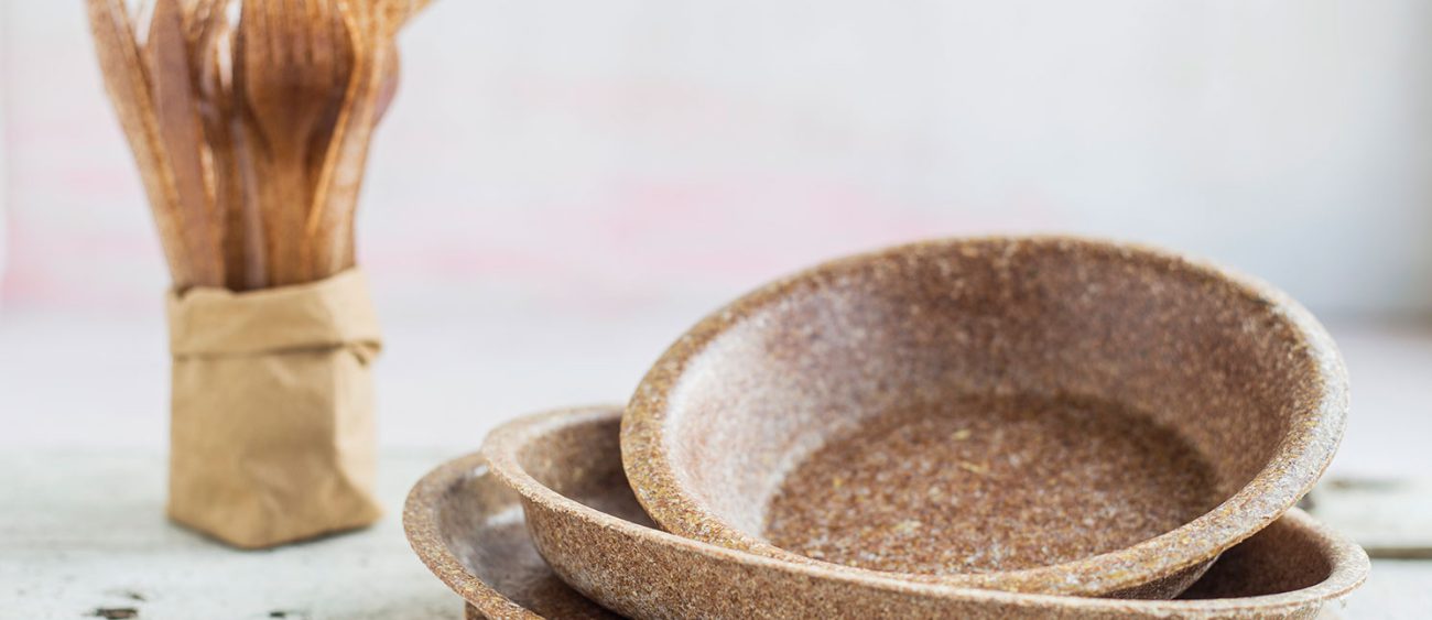 BIO PLASTICS: A biodegradable tableware made from edible wheat bran.